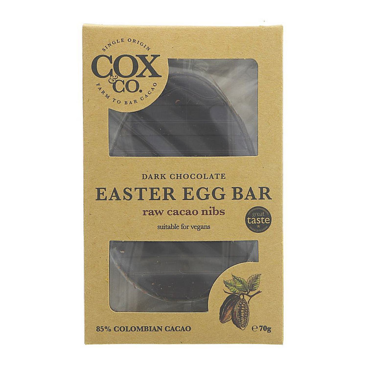 Raw Cacao Nibs Easter Egg Bar in 70g from Cox and Co
